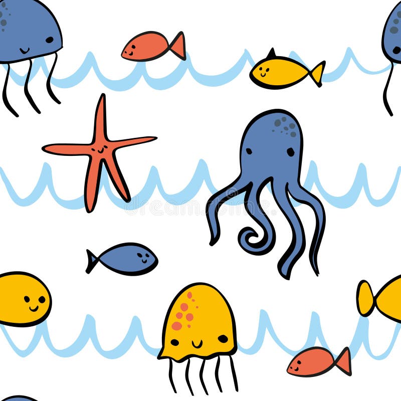 Under the Sea Creatures Doodle Children Seamless Pattern Stock ...
