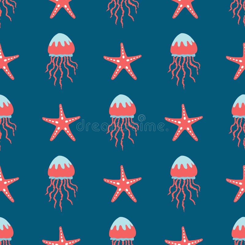 Under the Sea. Seamless Vector Pattern with Jellyfish and Starfish ...