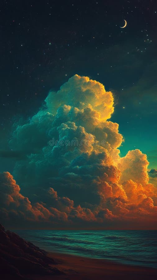 Under a Serene Night Sky, a Crescent Moon and Stars Light Up the Deep ...