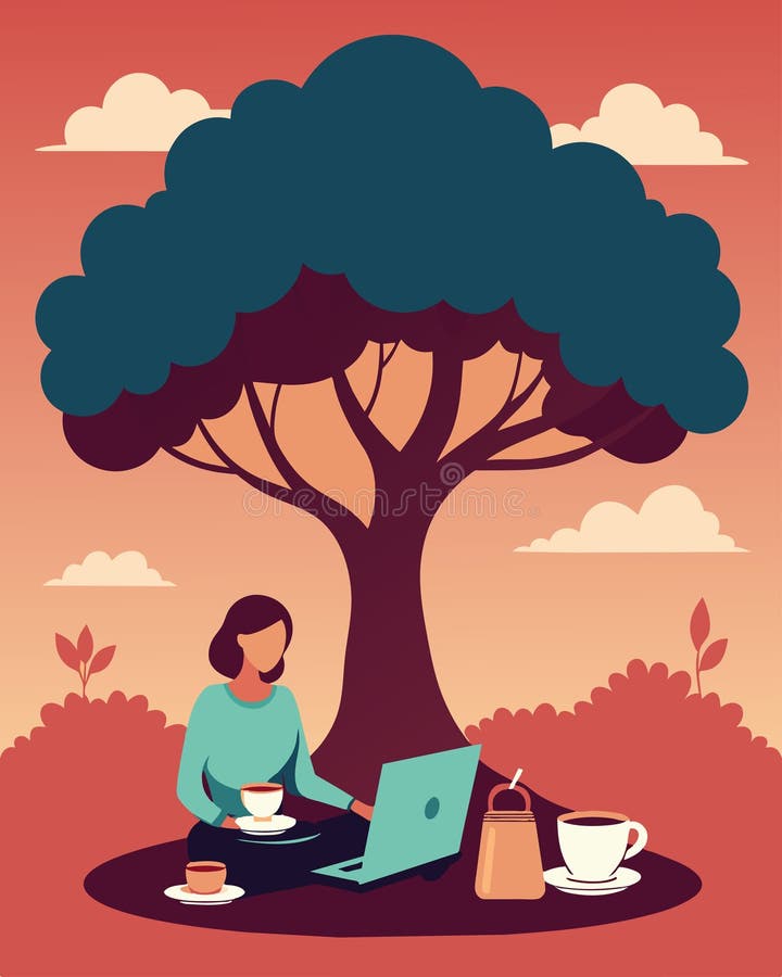 Under the Shade of a Big Tree a Laptop Serves As a Tool for Both Work ...