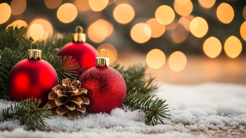 Under Soft Falling Snow, a Scene of Festive Winter Decorations and Pine ...