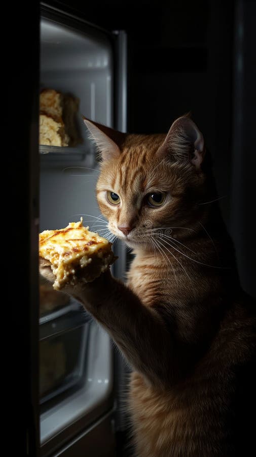 A Curious Cat Investigates Leftovers in the Glow of an Open ...