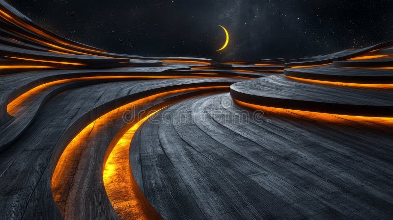 Under the Soft Light of a Crescent Moon, a Curved Wooden Path Unwinds ...