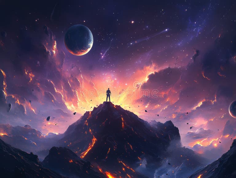 Under the Starry Night Sky, a Man is Stargazing at the Planetary ...