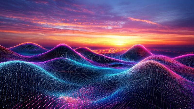 Under a Starry Night Sky, a Surreal, Neon-lit Landscape of Rolling ...