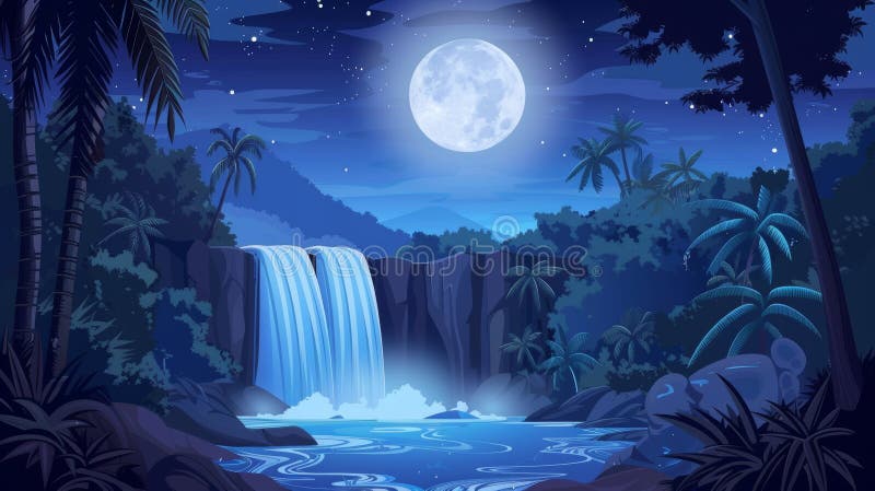 Under the Starry Sky and Full Moon Light, a Tropical Landscape with ...