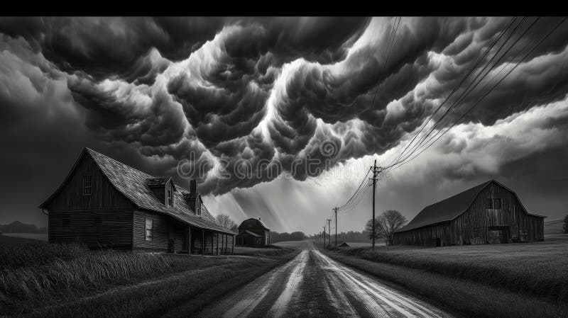 Under a Stormy Sky, a Dramatic Rural Landscape Unfolds with a Farmhouse ...