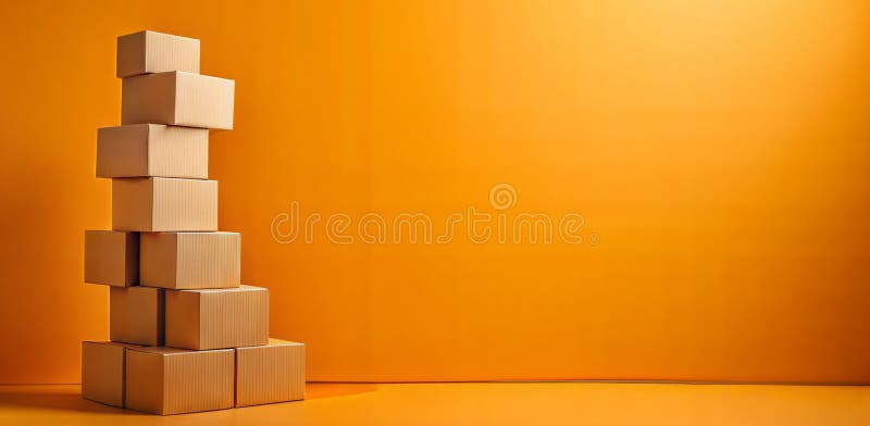 Tower Made of Cardboard Boxes. Orange Background. Copy Space Stock ...