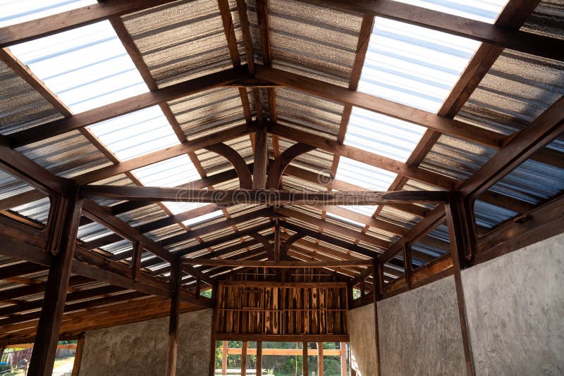 Under the Translucent Wooden Roof Structure on Construction Site Stock ...