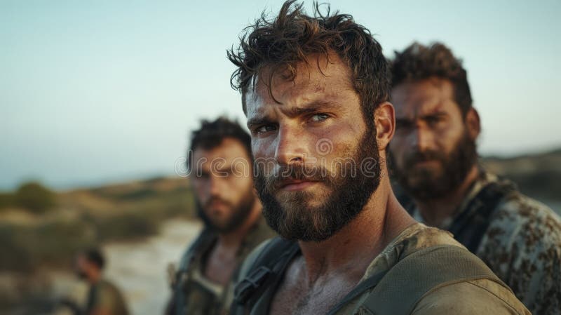 Three Determined Soldiers Stand Together in a Desert Landscape at Dusk ...