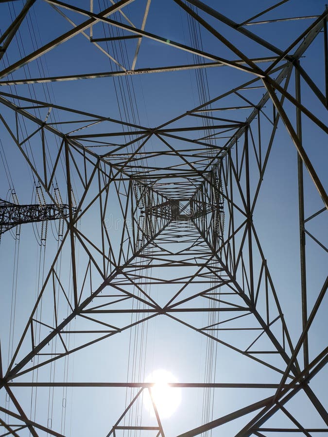 Under View of Power Tower Over Blue Sky Stock Photo - Image of pole ...