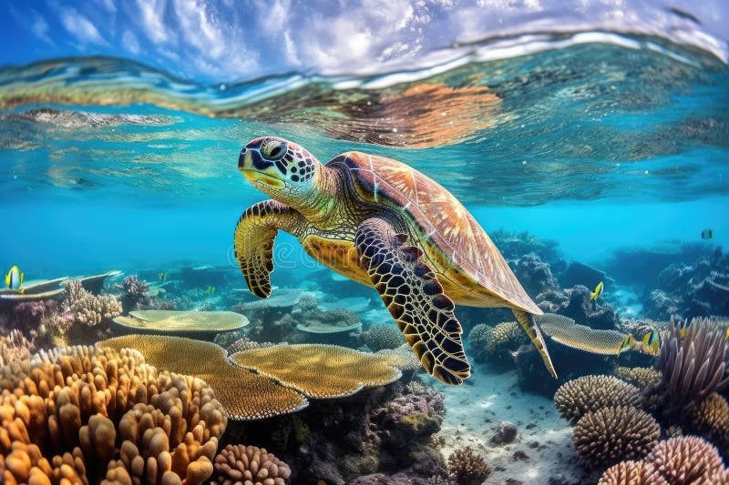 Under Water Sea Turtle. Diving Scene of Turtle Undersea Stock ...