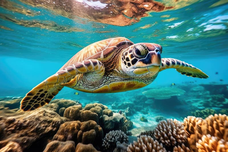 Under Water Sea Turtle. Diving Scene of Turtle Undersea Stock ...