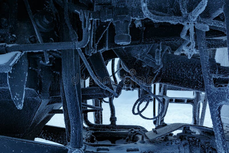 Undercarriage of Old Steam Train Covered with Hoarfrost Stock Photo ...