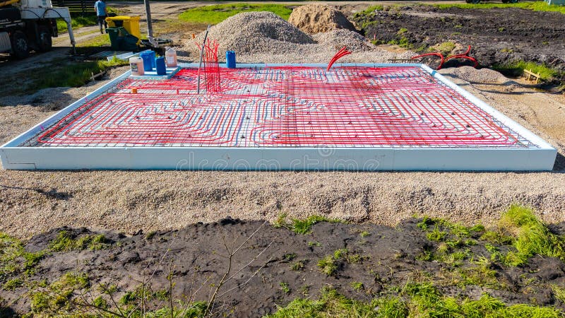 Underfloor Heating System with Red Pipes on Construction Site Stock ...