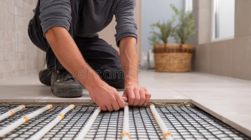 Underfloor Heating, Worker Laying Electric Mats before Tile ...