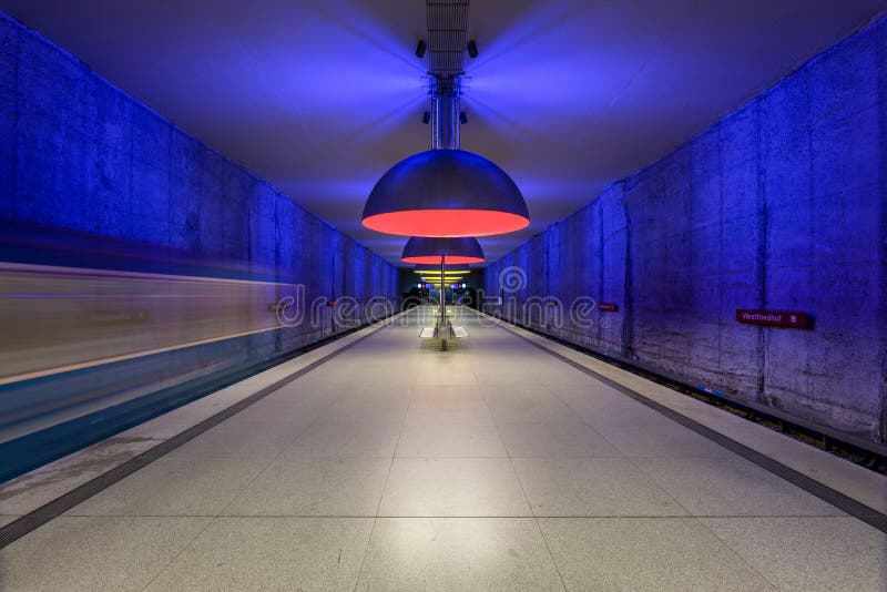 Underground Alley with Blue Lighting Stock Image - Image of tree, road ...