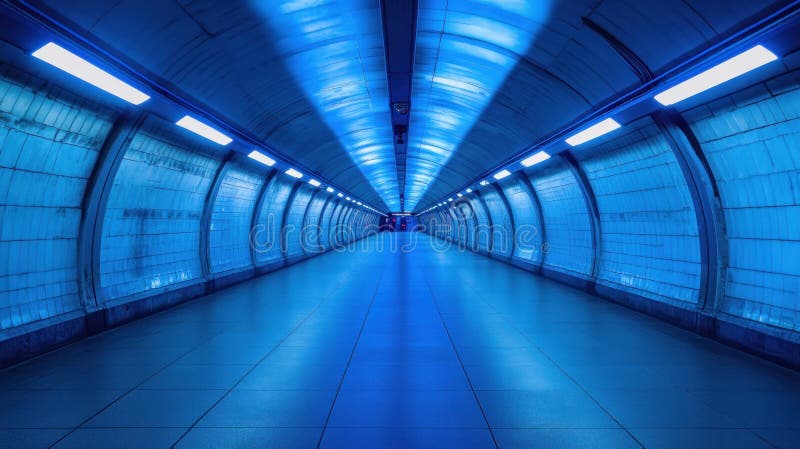 Underground Blue Tunnel with Bright Fluorescent Lighting. Urban Subway ...