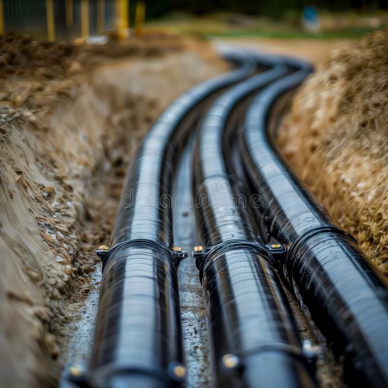 Underground Cable Installation: Neatly Laid Black Cables in Trench ...