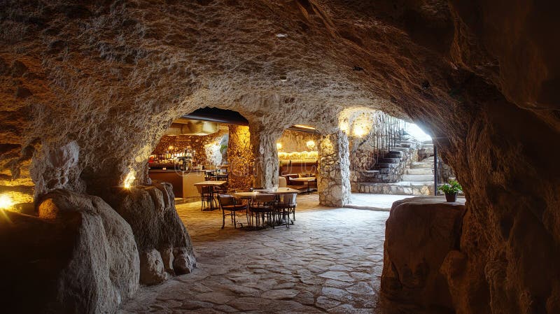 An Underground Cafe with Modern Lighting and Stone Walls that Echo ...