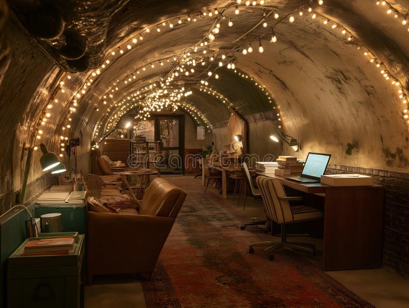 Underground Cafe with Warm Lighting, String Lights, Arched Ceiling ...