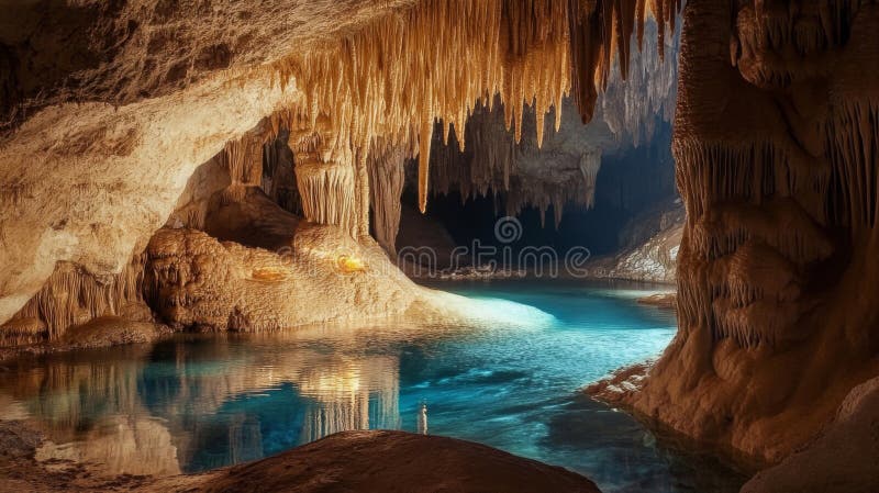 Underground Cave with Blue Water Pool and Brown Rock Formations Stock ...