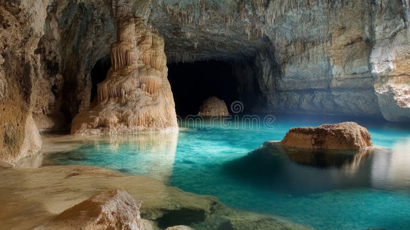Underground Cave with Blue Water and Rock Formations Stock Illustration ...