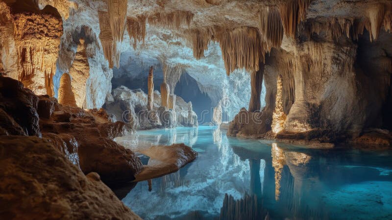 Underground Cave with Blue Water and Rock Formations Stock Illustration ...