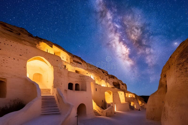 Underground Cave Homes Illuminated at Night Stock Illustration ...