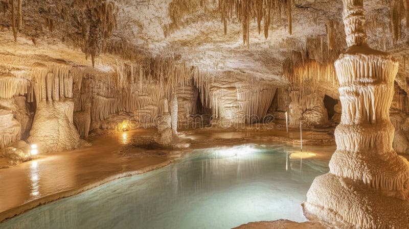 Underground Cave with Illuminated Water Pool and Stalactite Formations ...