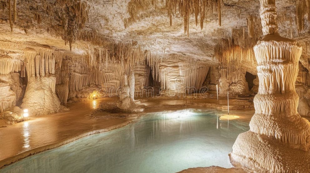 Underground Cave with Illuminated Water Pool and Stalactite Formations ...