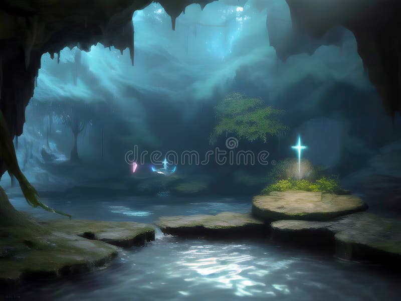 Underground Cave with Light Beings, Generative AI Illustration Stock ...