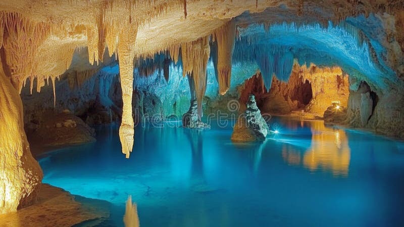 Underground Cave Pool with Blue Water and Colorful Rock Formations ...