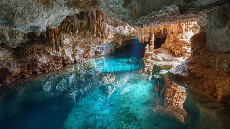 Underground Cave with Teal Water and Rock Formations Stock Illustration ...