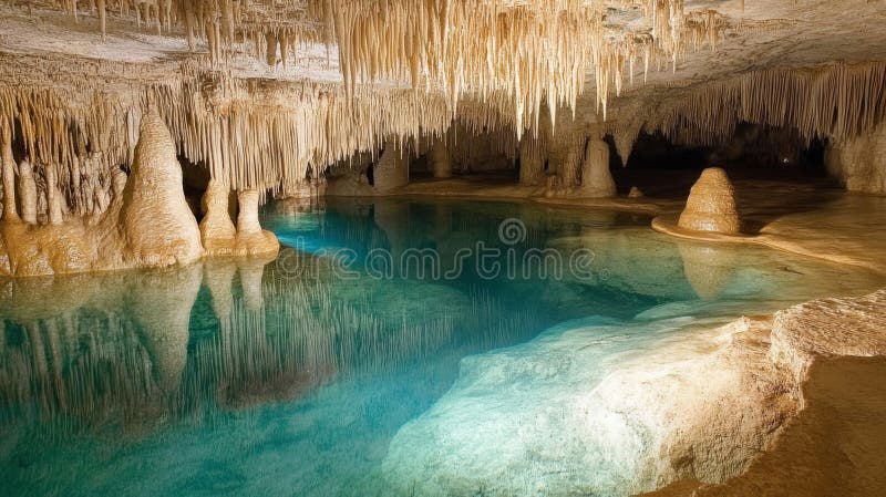 Underground Cave with Teal Water and Rock Formations Stock Illustration ...