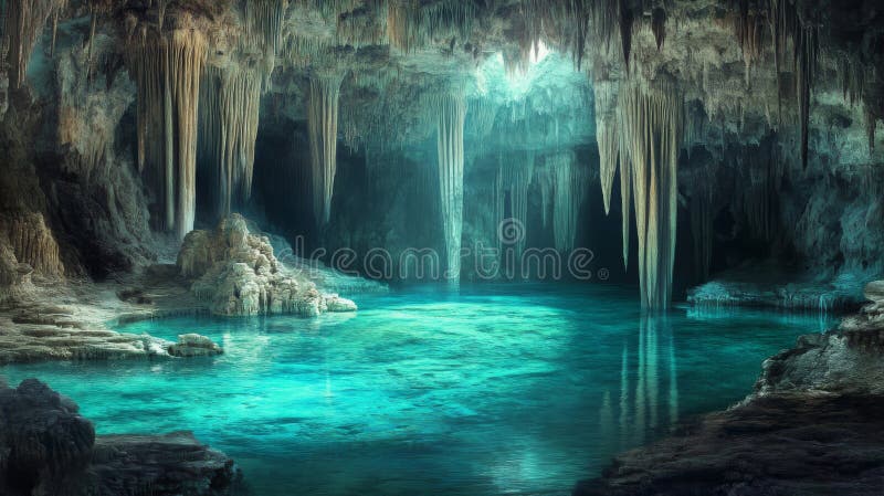 Underground Cave with Teal Water and Stalactites Stock Illustration ...