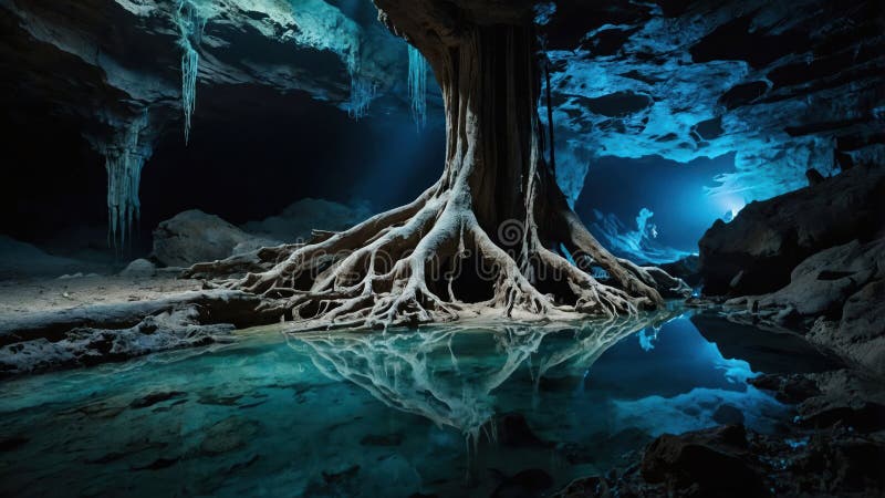 Mystical Underwater Tree Roots in a Bioluminescent Cave Stock ...