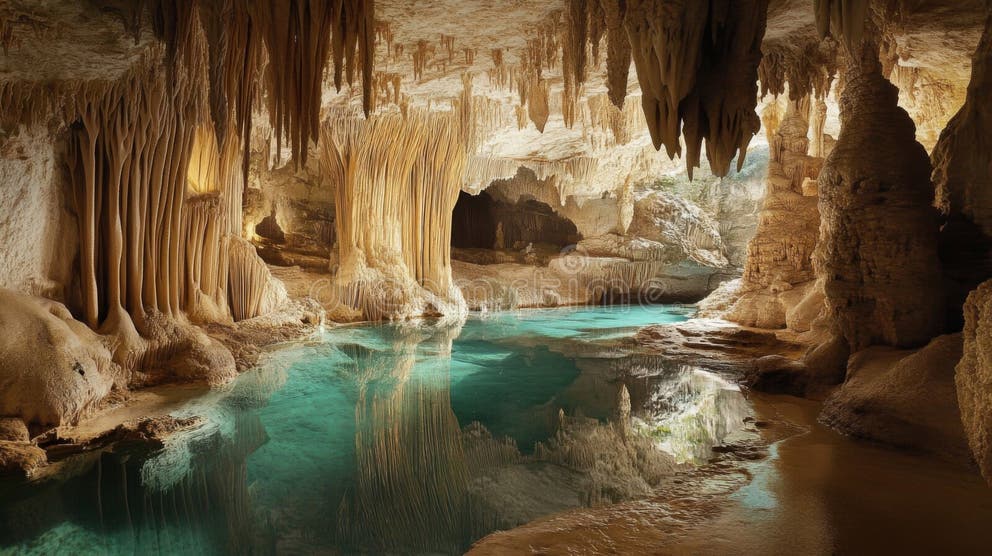 Underground Cave with Turquoise Water and Rock Formations Stock ...