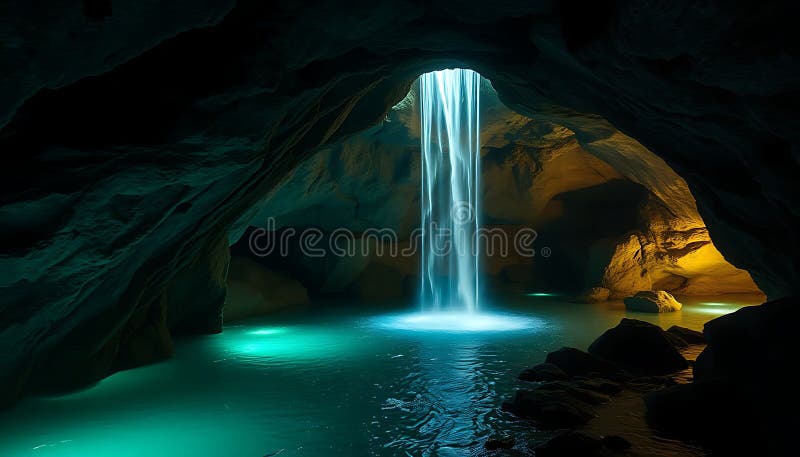 Underground Cave with Waterfall and Blue Light, Stock Photo, Generative ...