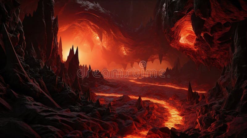 Underground Cavern Full of Fire and Flowing Lava Stock Illustration ...
