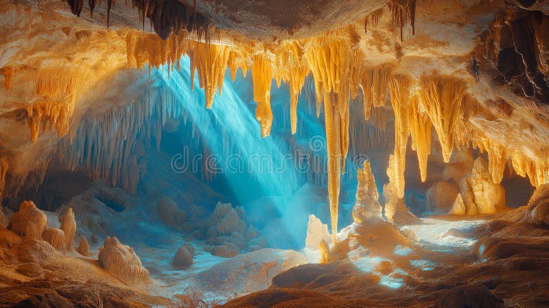 Underground Chamber Featuring Intricate Stalactites and Stunning Light ...