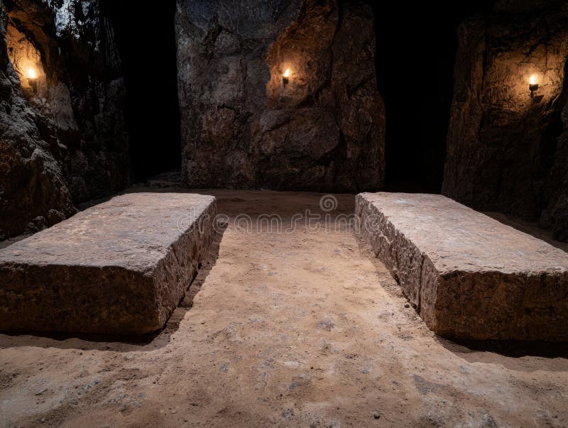 An Underground Chamber with Stone Benches and Dim Lighting. Stock ...