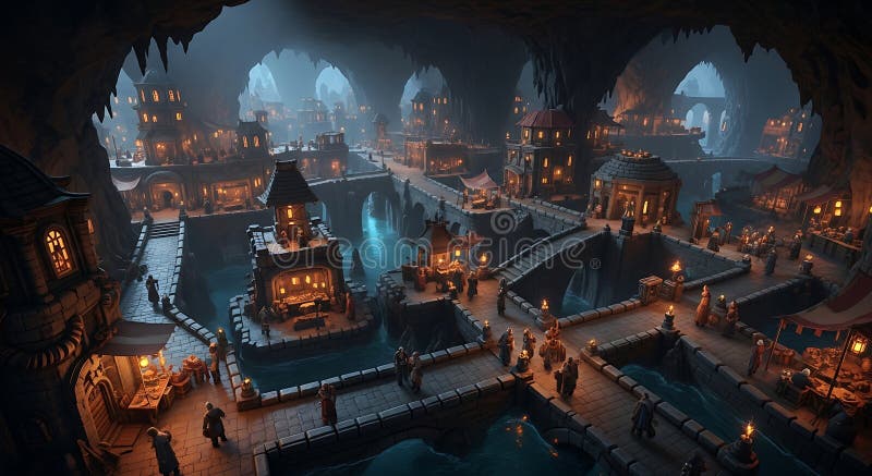 Underground City within a Vast Cave, Featuring Medieval-style ...