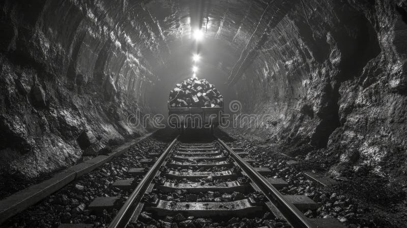 Underground Coal Train Transporting Loads through a Dimly Lit Tunnel ...