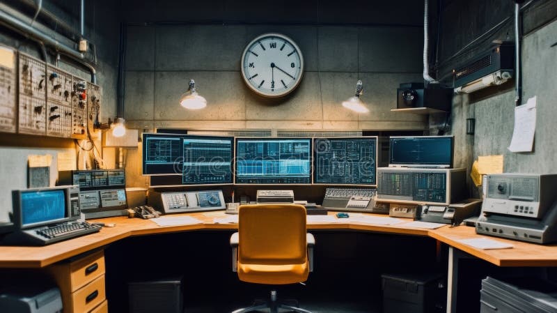 Underground Command Center with Multiple Monitors and Vintage Equipment ...