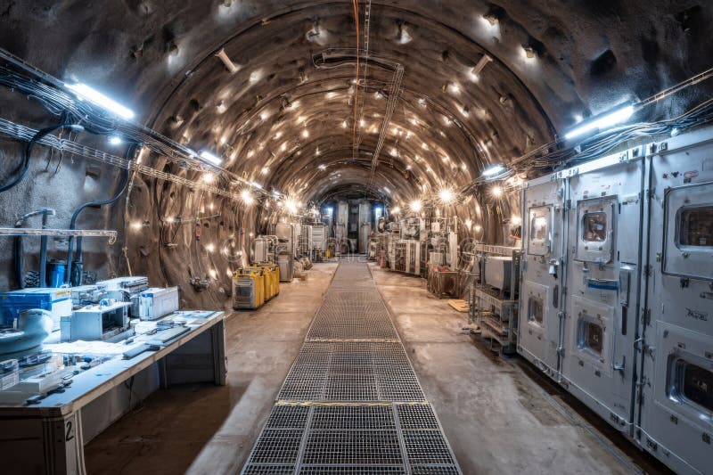 Underground Corridor Barely Illuminated by Fluorescent Tubes Stock ...