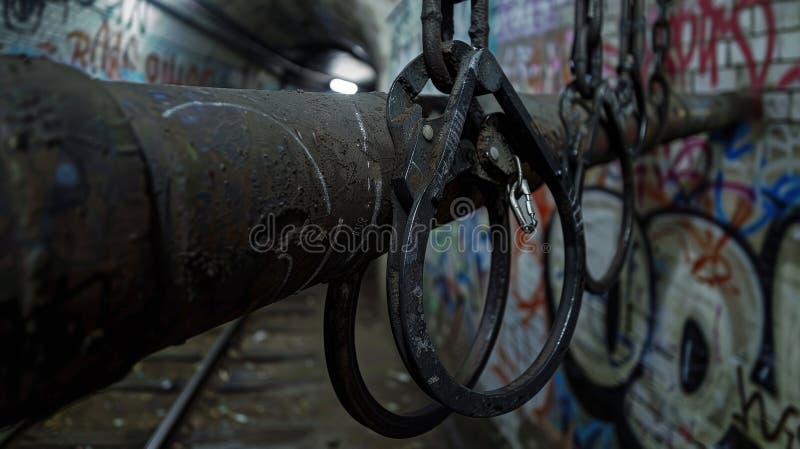 Underground Crime Scene a Pair of Handcuffs with Graffiti Walls Stock ...
