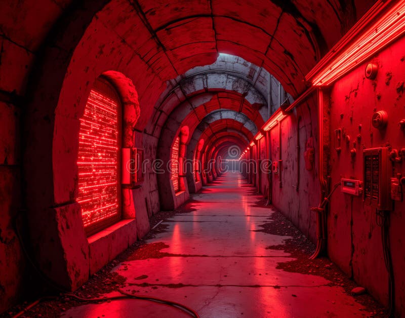 Underground Data Bunker with Concrete Walls, Glowing Fiber Optic ...