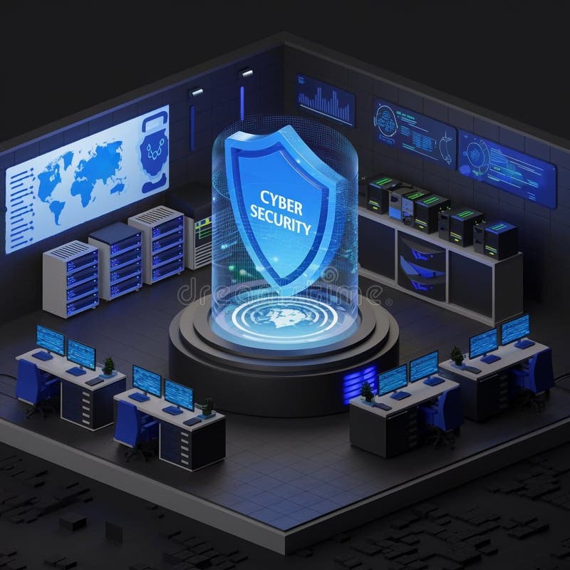 Underground Cyber Security Hologram with Digital Shield 3D Rendering ...