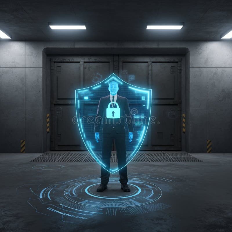 Underground Cyber Security Hologram with Digital Shield 3D Rendering ...